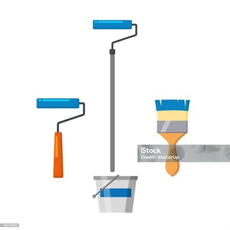 페인팅 벽 집 수리 아이콘에 대 한 예술가 도구의 집합입니다 브러시 롤러 긴 손잡이에 롤러 페인트 양동이 벡터 일러스트 레이 션 고립 된 만화 스타일 집에 대한 스톡 벡터