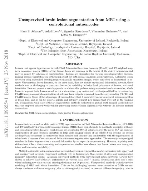 Pdf Unsupervised Brain Lesion Segmentation From Mri Using A Convolutional Autoencoder