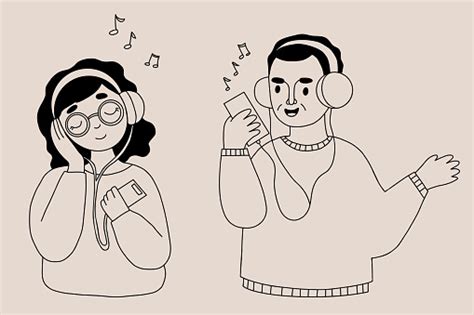 헤드폰을 쓴 귀여운 소녀와 남자가 음악을 듣고 있습니다 벡터 일러스트 레이 션입니다 고립 된 선형 손으로 그린 낙서 가공의 인물에 대한 스톡 벡터 아트 및 기타 이미지
