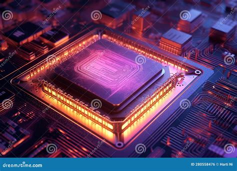 Central Processing Unit With Neon Lights Integrated Microchip On Motherboard Background Stock