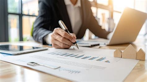 A Person In A Suit Analyzes Financial Data And Charts While Sitting At A Desk With A Laptop And