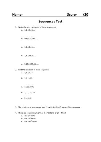 Sequences Test Teaching Resources