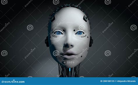 Front View Of Head Of Female Humanoid Robot With White Glowing Plastic