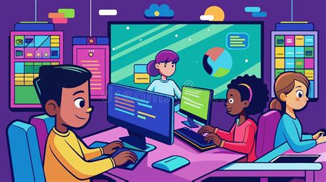 Diverse Team Of Programmers Coding At A Vibrant Tech Workspace Stock Image Illustration Of