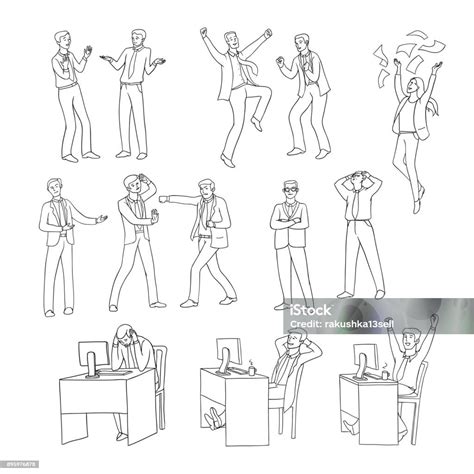 벡터는 기업 들의 스케치 검은 윤곽선 고립 된 그림을 설정합니다 다른 감정의 프로세스 전문 활동에 직원 컴퓨터에 책상 뒤에 노동 문제 해결 그래픽 프린트에 대한 스톡 벡터