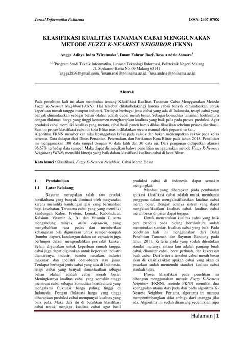 Pdf Klasifikasi Kualitas Tanaman Cabai Menggunakan Metode Fuzzy K Nearest Neighbor Fknn