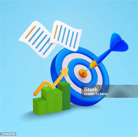 3d 성장 막대 문자 화살표가 있는 꺾은선형 차트 다트가 있는 과녁 대상 문서 흰색 배경에 격리되어 있습니다 목표 수익 수익성