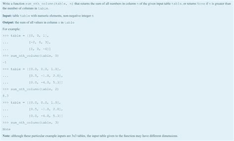 solved write a function sum nth column table n that