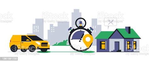 집에 온라인 음식 배달 서비스 택배 차로 패스트 푸드 배달 타이머 스톱워치 시간 주소 경로 Gps 포인트 위치 도시 표지판 아이콘 벡터 일러스트레이션 배달에 대한 스톡 벡터