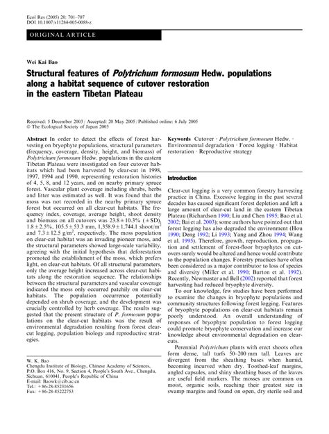 Pdf Structural Features Of Polytrichum Formosum Hedw Populations Along A Habitat Sequence Of