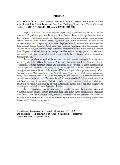 Implementasi Kriptografi Dengan Menggunakan Metode Des Dan Kunci Publik Rsa Untuk Keamanan Data