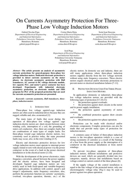 Pdf On Currents Asymmetry Protection For Three Phase Low Voltage Induction Motors