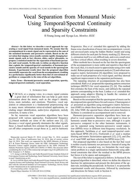 Pdf Vocal Separation From Monaural Music Using Temporalspectral Continuity And Sparsity