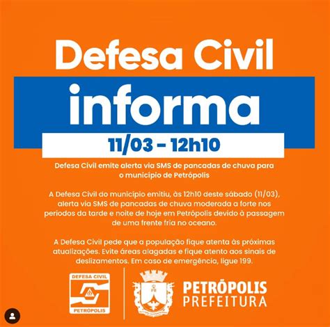 Defesa Civil Emite Alerta Via Sms De Pancadas De Chuva Para O Município
