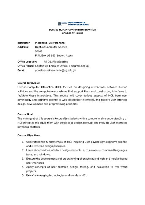Dcit302 Human Computer Interaction Course Syllabus 1 Dcit302 Human Computer Interaction