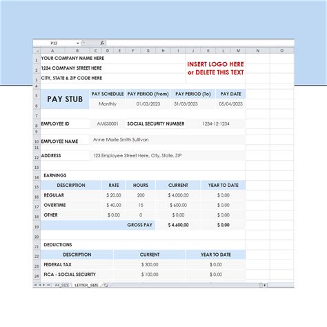 Paystub Template Editable Paystub Template Automatic Calculation Earnings Statement