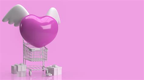 분홍색 하트와 흰색 날개 흰색 슈퍼마켓 카트와 분홍색 배경 3d 렌더링에 선물 상자 3차원 형태에 대한 스톡 사진 및 기타 이미지 3차원 형태 계산대 고객 Istock