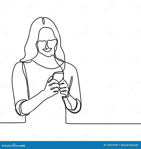 Girl Playing And Using Smart Phone Continuous Line Drawing One Lineart Of Women Communication