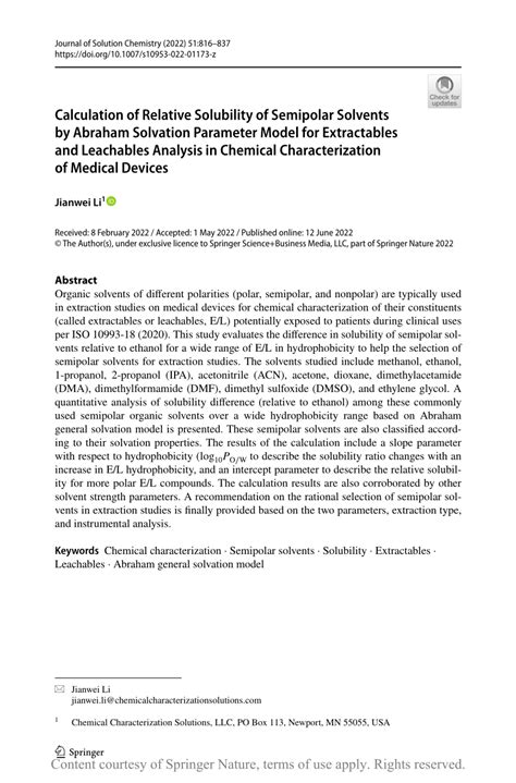 Calculation Of Relative Solubility Of Semipolar Solvents By Abraham