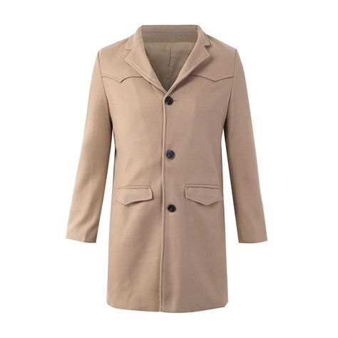 Hcntes Mens Trench Coat Notched Lapel Double Long Jacket Windbreaker