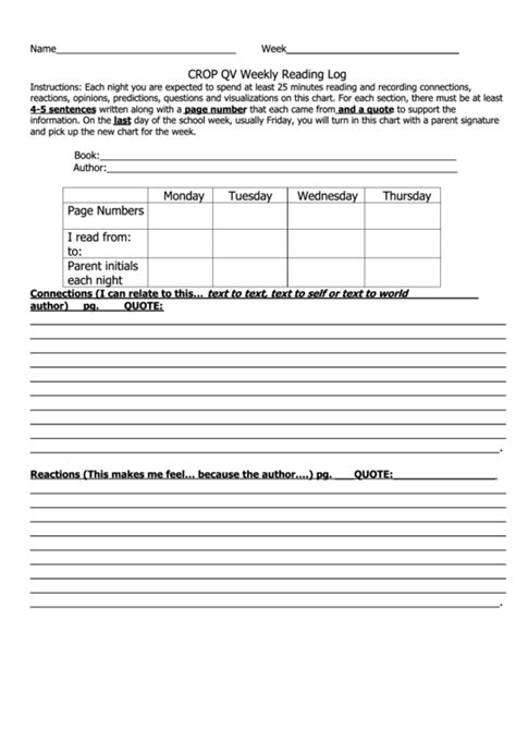 Weekly Reading Log Printable Pdf Download