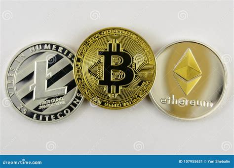 Litecoin Bitcoin And Etherium Closeup Editorial Photo Image Of