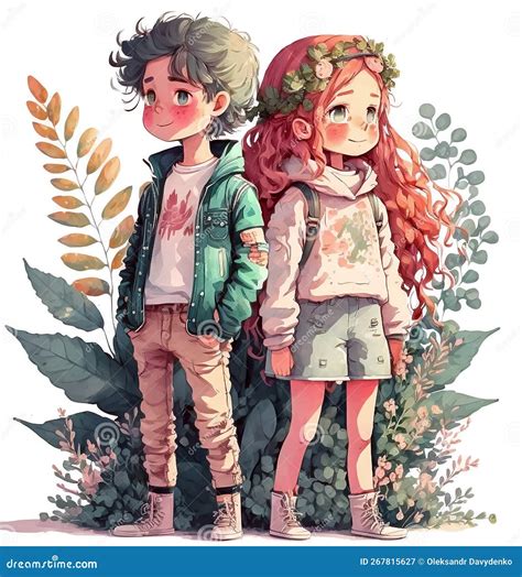 Cute Anime Teens Boy And Girl With Long Curly Red Hair Autumn