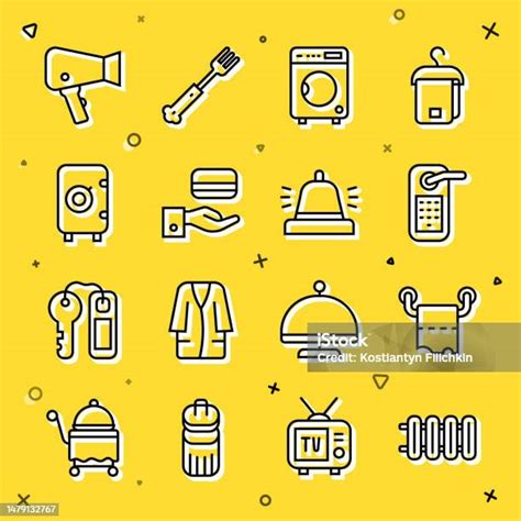 난방 라디에이터 화장지 롤 디지털 도어록 세탁기 금고 헤어드라이어 및 호텔 서비스 벨 아이콘을 설정합니다 벡터 가리기에 대한 스톡 벡터 아트 및 기타 이미지 Istock