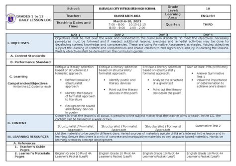 Week 4 Dll Structuralis Formalist Approach Grades 1 To 12 Daily Lesson Log School Batangas