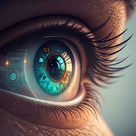 Close Up Of A Human Eye With Digital Interface And Vibrant Reflections