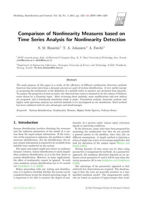 Pdf Comparison Of Nonlinearity Measures Based On Time Series Analysis For Nonlinearity Detection