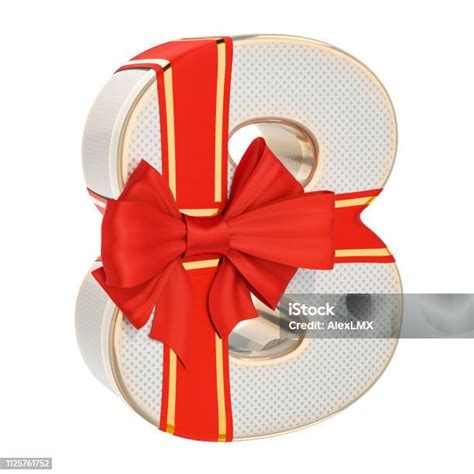 수 8 선물 상자 레드 리본 활과 숫자 8의 모양입니다 흰색 배경에 고립 된 3 차원 렌더링 3차원 형태에 대한 스톡 사진 및 기타 이미지 Istock