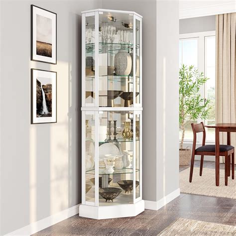 Belleze Lighted 3 Side Glass Display Curio Cabinet With Tempered Glass