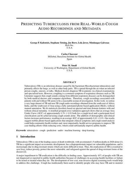 Pdf Predicting Tuberculosis From Real World Cough Audio Recordings And Metadata
