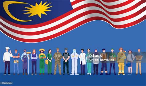 해피 노동절 말레이시아 국기와 함께 서 있는 다양한 직업 사람들 벡터 말레이시아에 대한 스톡 벡터 아트 및 기타 이미지