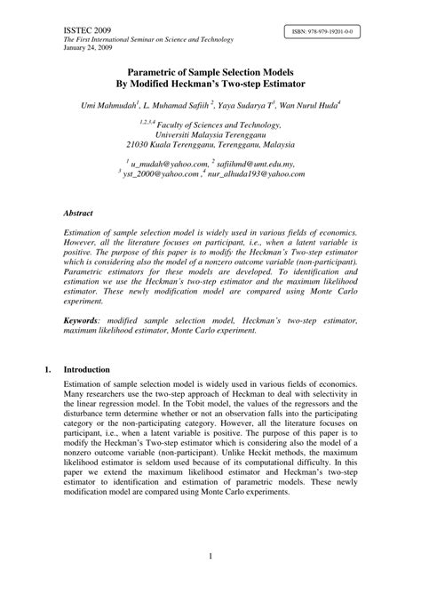Pdf Parametric Of Sample Selection Models By Modified Heckmans Two Step Estimator