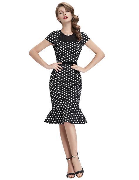Women Mermaid Style Vintage 50s 60s Cotton Polka Dots Bodycon Housewife