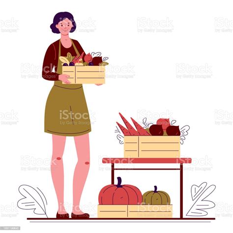 신선한 채소와 과일 상자를 곁들인 젊은 여성 농부 정원사 플랫 만화 스타일의 벡터 일러스트레이션 흰색 배경에 격리 가을에 대한 스톡 벡터 아트 및 기타 이미지 Istock