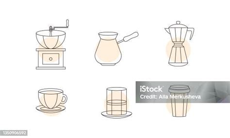 커피 개요 아이콘 세트 커피 메이커 간헐천 커피 메이커 커피 분쇄기 아이스 에스프레소 리스레토 테이크 아웃 에코 팩 종이 컵 Ristretto에 대한 스톡 벡터 아트 및