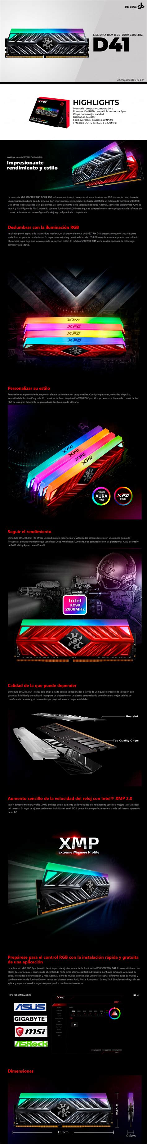 Memoria Ram Ddr4 16gb 3200mhz Xpg D41 Rgb Aura Sync 1x16gb Negra Ax4u320016g16a St41 Dd