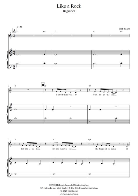 Like A Rock Beginner Level With Orchestra Bob Seger Piano Sheet