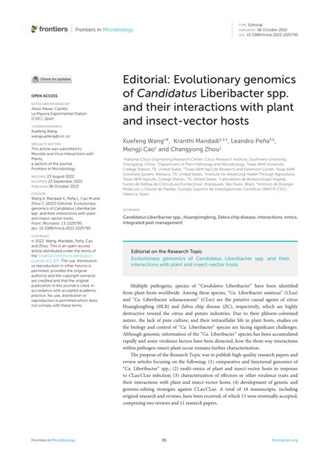 Pdf Editorial Evolutionary Genomics Of Candidatus Liberibacter Spp And Their Interactions