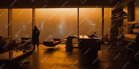 Premium Photo Dimly Lit Office With A View Of The City Generative Ai