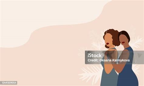 서로 다른 인종과 문화의 다섯 여성과 함께 행복한 여성의 날 카드는 나란히 서 있다 강하고 용감한 소녀들은 서로를 지지합니다