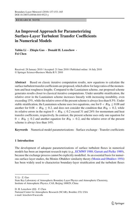 Pdf An Improved Approach For Parameterizing Surface Layer Turbulent