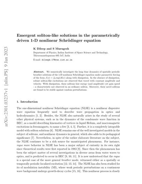 Pdf Emergent Soliton Like Solutions In The Parametrically Driven 1 D Nonlinear Schrodinger