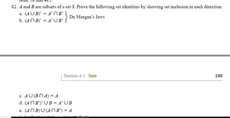 82 a and b are subsets of a set s prove the following set identities by