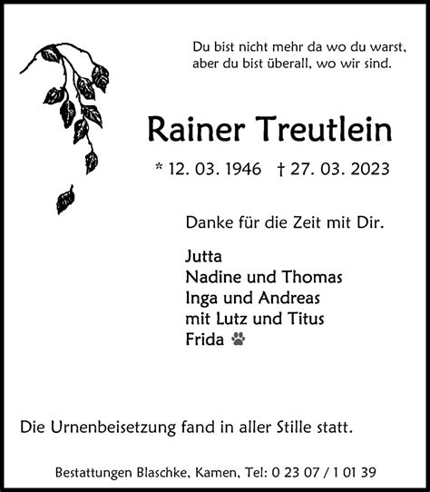 Traueranzeigen Von Rainer Treutlein Sich Erinnern De