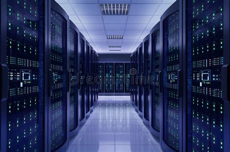 View Modern Data Center Server Room With Blue Lights Digital Infrastructure Concept Stock