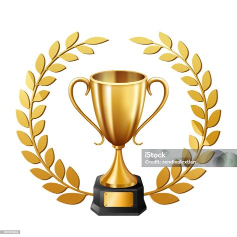 황금 월계관 벡터 일러스트 레이 션과 현실적인 골든 트로피 배지에 대한 스톡 벡터 아트 및 기타 이미지 배지 기술 식 축하 행사 Istock